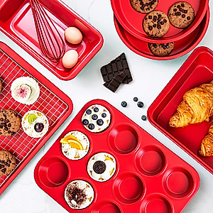 Rorence Nonstick Steel Bakeware Set: Cookie Sheet, Rectangular Cake Pan, 2 Round Cake Pans, Muffin Pan, Loaf Pan & Cooling Rack - Set of 7 - Red