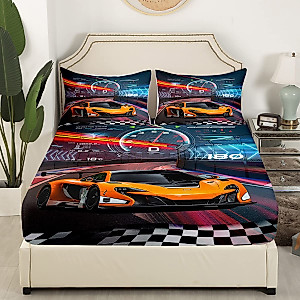 Feelyou Race Car Bedding Sheets Boys Extreme Sports Bed Sheet Set for Kids Boys Cool Car Bedding Fitted Sheet Car Sports Bed Cover 1 Bed Sheet Set with 1 Pillowcase Twin Size