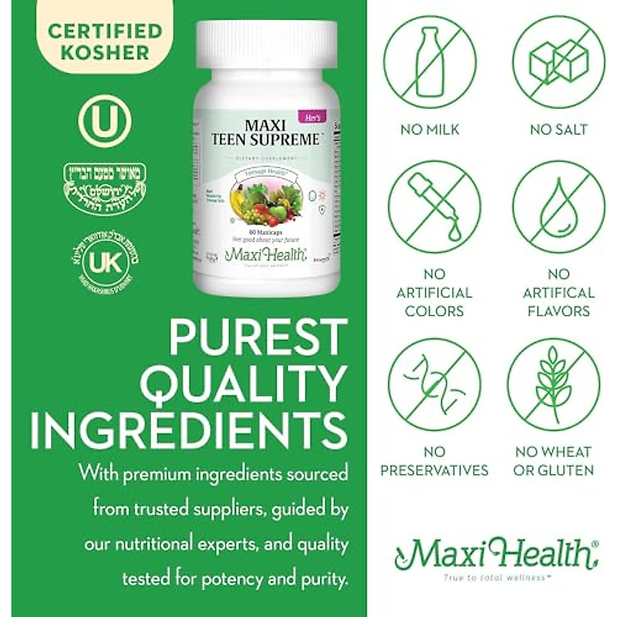 Maxi Health Teen Supreme Hers Vitamins for Teen Girls (120) - Women's Multivitamin for Energy, Immune Boost, Body & Brain Growth - Womens Multi Vitamins Including D3, Iron, Calcium, Digestive Enzyme