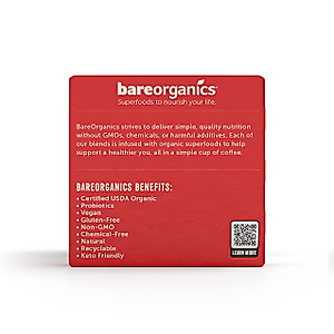 BareOrganics 13313 Cardio Care USDA Organic Coffee Pods, Keurig K-Cup Compatible Organic Coffee Pods, Infused with Superfoods & Probiotics, Vegan Friendly, Gluten Free, 10 Single Serve Cups