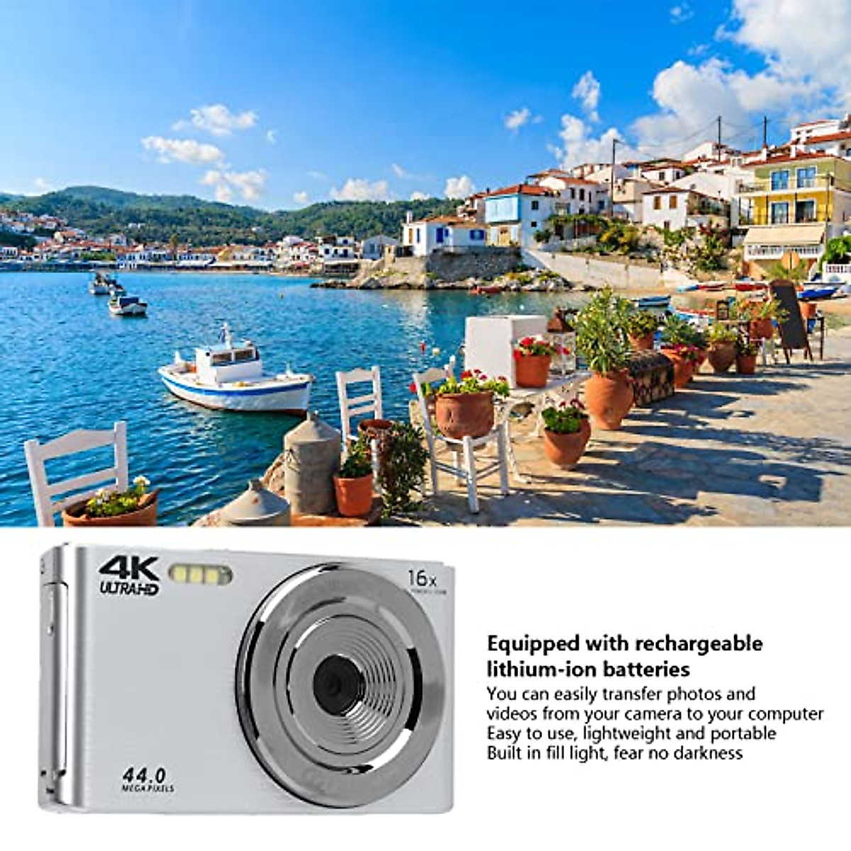 16x Digital Zoom Camera, 2.8 inch Screen, HD Camera, 44 Megapixels, 4k Video Resolution, Built in Fill Flash, USB Data Transfer, Can be Used for Life Home (Silver)