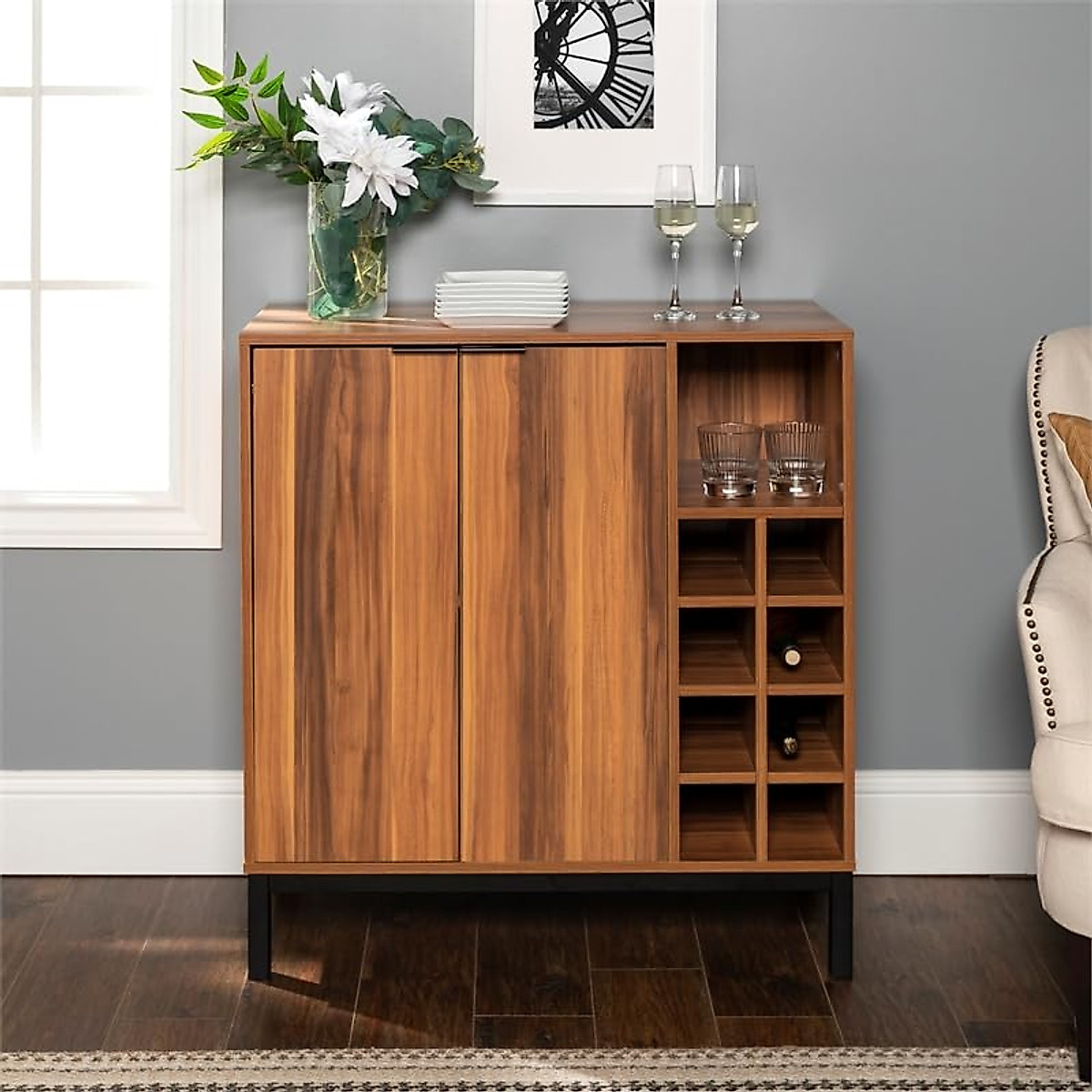 Walker Edison Mid-Century Modern Wood Kitchen Buffet Sideboard-Entryway Serving Storage Cabinet Doors-Dining Room Console, 34 Inch, Brown