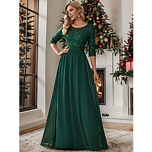 Ever-Pretty Women's Elegant A Line Crew Neck Half Sleeve Sequin Maxi Evening Dress Dark Green US14