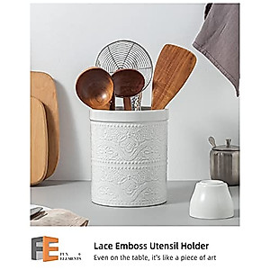 FUN ELEMENTS Kitchen Utensil Holder, 7.2" Super Large Utensil Crock Heavy and Stable Lace Emboss Ceramic Utensil Holder for Kitchen Counter (Bright White)