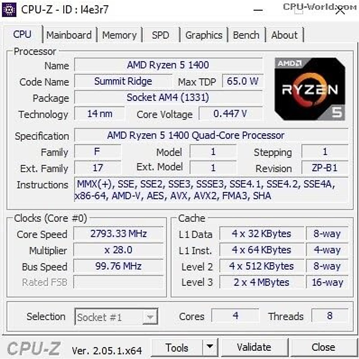 AMD Ryzen 5 1400 CPU Used 4-Core 8-Thread Desktop Processor 3.2 GHz 8M 65W Socket AM4