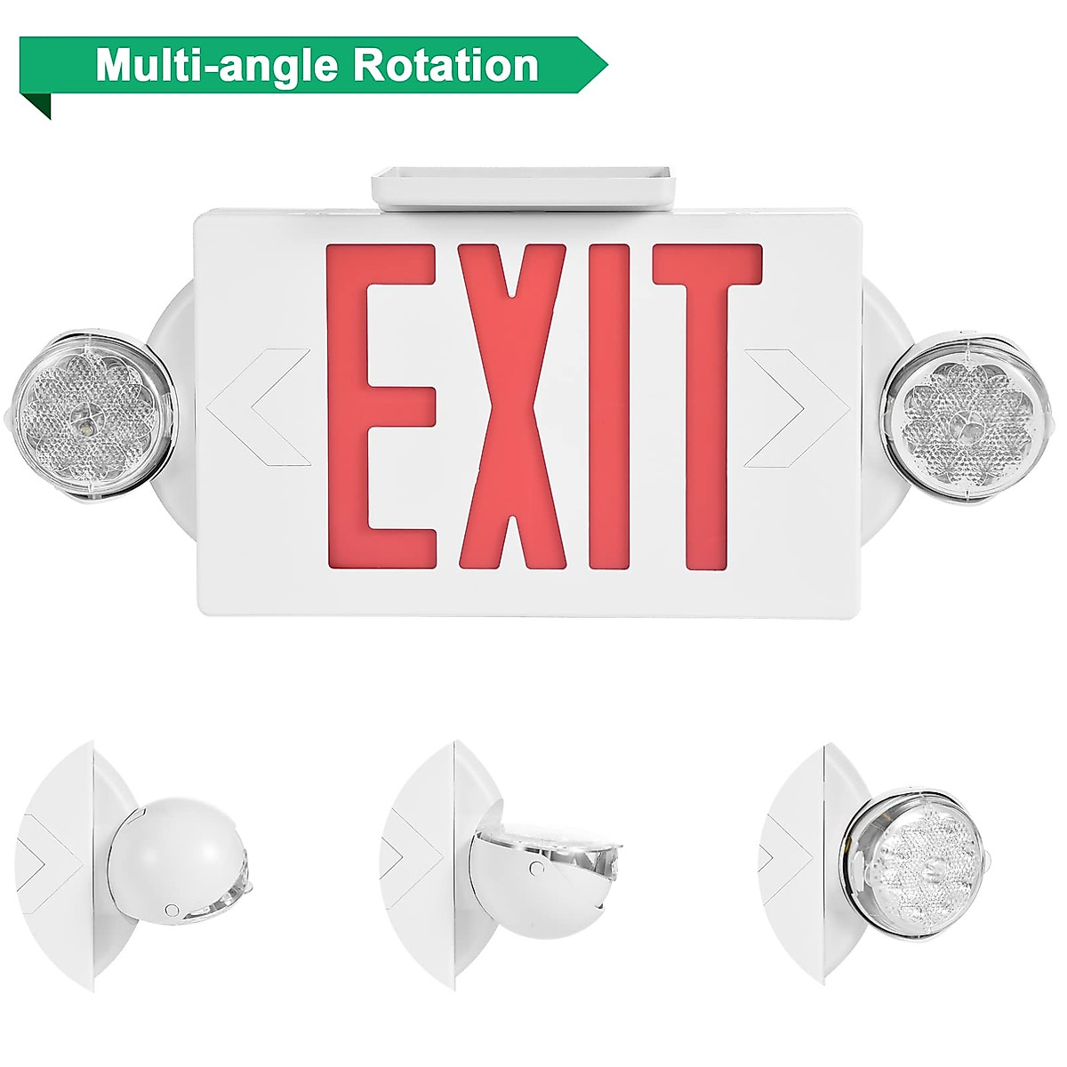 Red Exit Sign with Emergency Lights, 110-277V Double Sided LED Combo Emergency Light with 2 Rotating Flood Lights, Fire Resistant, UL Certified, Exit Sign with Battery Backup for Business