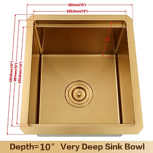 LQS Bar Sink, Gold Undermount Bar Sink, RV Sink, Stainless Steel Bar Sink 15" x 17", 16 Gauge Workstation Sink, Small Single Bowl Kitchen Sink with Cutting Board, Sink Protectors and Accessories