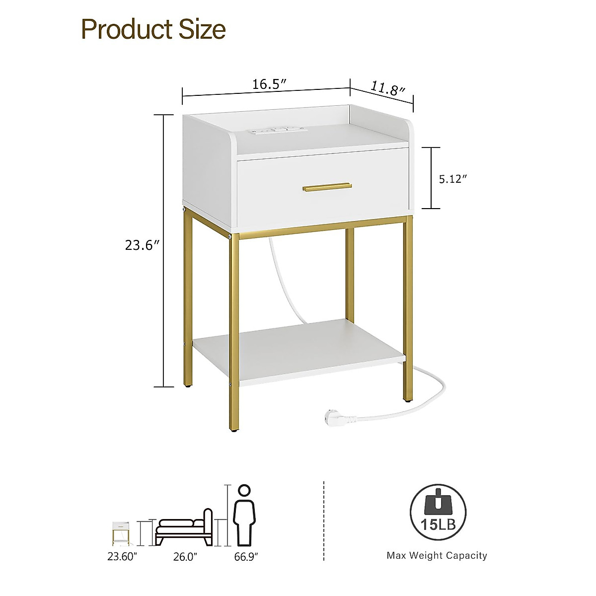 Masupu Nightstand with Charging Station,3-Tier Modern Bedside Night Stand with Storage Drawer and Shelf,Small End Side Table for Bedroom,Living Room,White