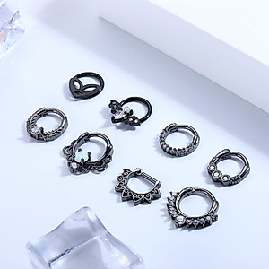 Drperfect 8MM Septum Rings 16G Daith Earrings Piercing Jewelry Surgical Stainless Steel CZ Opal Septum Clicker Rings Alien Bat Septum Hinged Segment Nose Rings Cartilage Helix Tragus Hoops