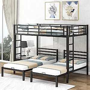 DEYOBED Full Over Twin & Twin Metal L-Shaped Triple Bed Bunk Bed with Shelf and Dual Ladders - Functional and Stylish Sleep Arrangement for Kids, Teens, Adults