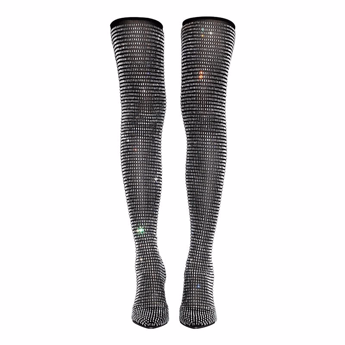 sexytag Women's RhinestoneThing High Boots Sparkly Diamante Pointed Toe Back Zipper Stiletto Heels Stretch Stocking Glitter Sexy Over The Knee Mesh Socks Boots Black Size 7.5