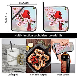 Evava Potholders 2 Pieces Set, Red Cardinal Bird Pink Flowers Hot Pads with Anti-Scald Cotton Infill Material Birds One Size