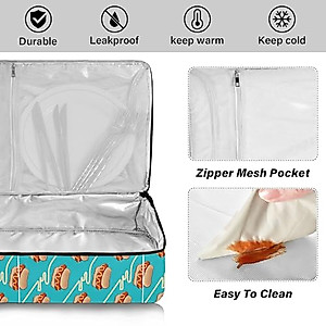Kcldeci Insulated Thermal Food Carrier Insulated Casserole Carrier for Hot or Cold Food,Pattern Of Hotdogs Insulated Tote Bag for Potluck Cookouts Parties Picnic,Lasagna Lugger