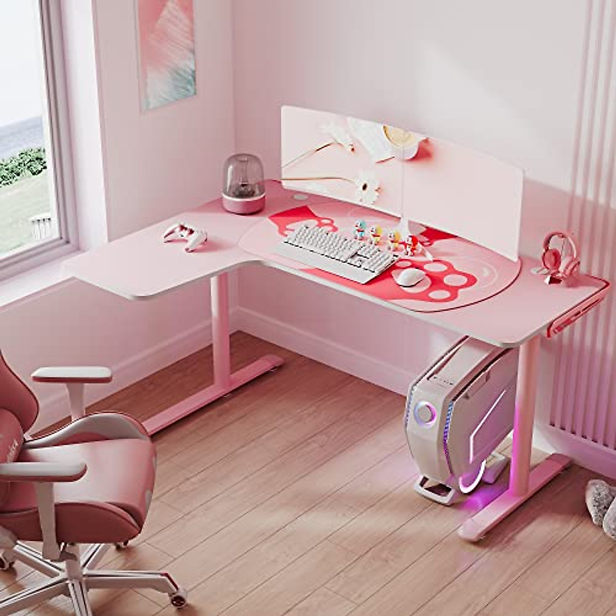 EUREKA ERGONOMIC Pink L Shaped Gaming Desk, 60 Inch Large Home Office Corner PC Computer Table Study Writing Modern Workstation Girls Female Gifts L60 w Mouse Pad Cable Management, Space Saving, Left