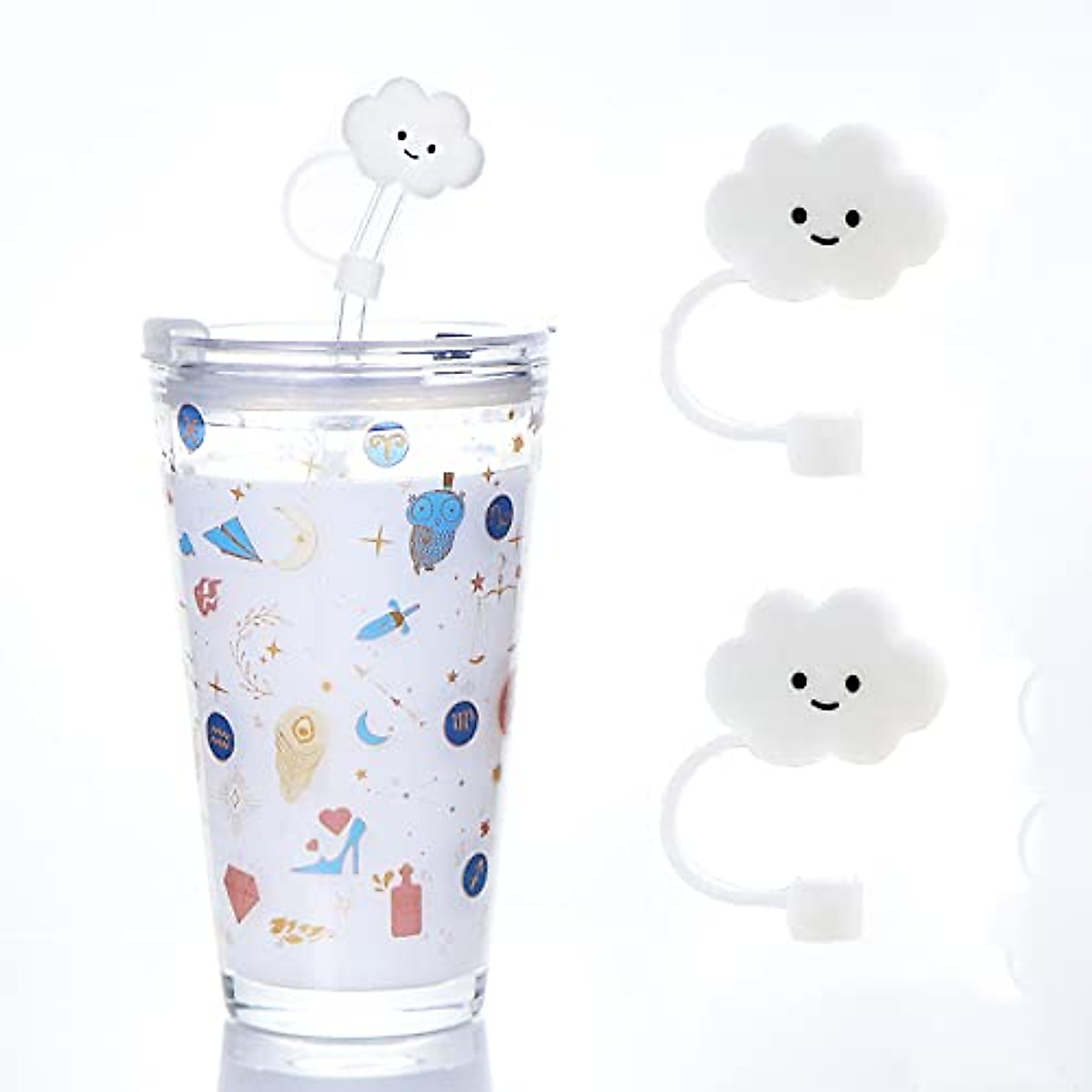 Gowxs Cloud Straw Tips Covers, Food Grade Reusable Silicone Straw Tip,cute Straw Covers Plugs,Soft Straws Plugs for 6-8 mm,Anti-dust(White 2pcs)