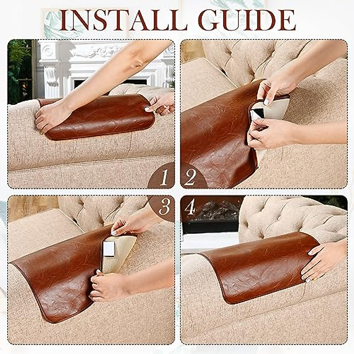 Tradder 3 Pcs PU Leather Recliner Headrest Protector with Arm Covers for Furniture Recliners 22.8 x 14.6 Inch, Arm with Pockets Headrest Cover for Couch Sofa Chairs Furniture(Brown)
