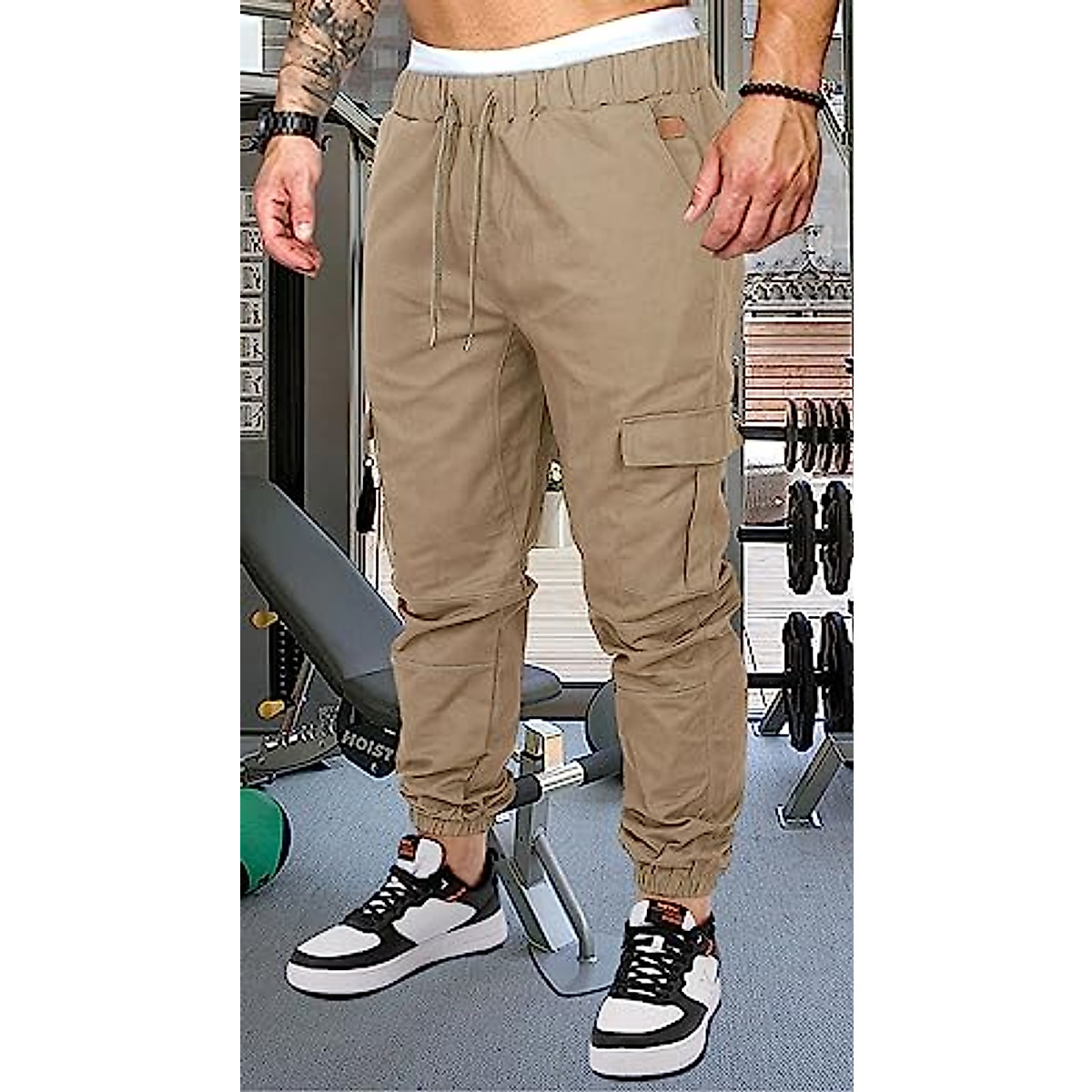 OUTSON Mens Fashion Joggers Sports Pants Casual Cotton Cargo Pants Gym Sweatpants Trousers Mens Long Pant Khaki