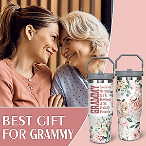 ysnifeiw 30oz Grandma Tumbler with Handle and Straw, Stainless Steel Insulated Nana Cup with Top Handle and Lid, Grandma Coofee Mug Christmas Birthday Gifts for Grammy/Gigi/Mimi