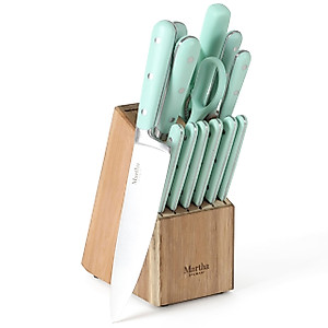 MARTHA STEWART Eastwalk 14 Piece High Carbon Stainless Steel Cutlery Knife Block Set w/ABS Triple Riveted Forged Handle Acacia Wood Block - Martha Blue
