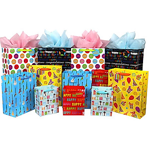 Fzopo Birthday Gift Bag Assortment with Ribbon Handle, 12 Pcs Premium Quality Assorted Sizes Paper Bags Set, XL 13x17x6.5, Large 12x15x4.8, Medium 7x9x4.2 inches, 6 Designs