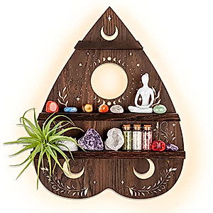 Planchette Crystal Wall Shelf Display for Stone, Ouija Vintage Pagan Crystal Holder Art Decor with Light, Wooden Dark Wiccan Gem Storage for Bohemian Home, Boho Aesthetic Organizer for Wicca Altar