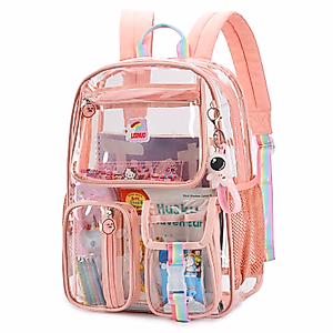 LISINUO Clear Backpack Girl Transparene Backpacks See Through Book Bag for Women Heavy Duty Pvc Mesh Bag Cute Girls Bookbags (Pink)