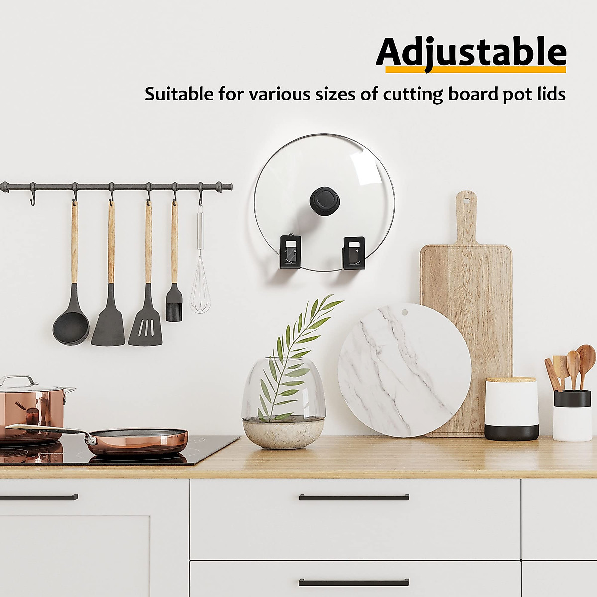 Set of 3 Pairs of Pot Lid Organizer for Cabinet Door, Drillable and Stickable Stainless Steel Pot Lid Holder, Adjustable Wall Mount Pot and Pan Lid Holders for Lids, Cutting Boards, Pot, Bakeware