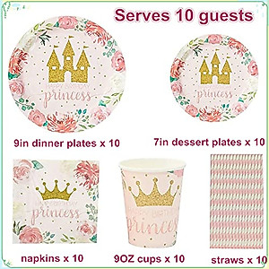 Princess Party Supplies-Princess Party Tableware Set Include Princess Castle Plates, Napkins, Cups Straws for Girls Princess Baby Shower Decorations Serves 10
