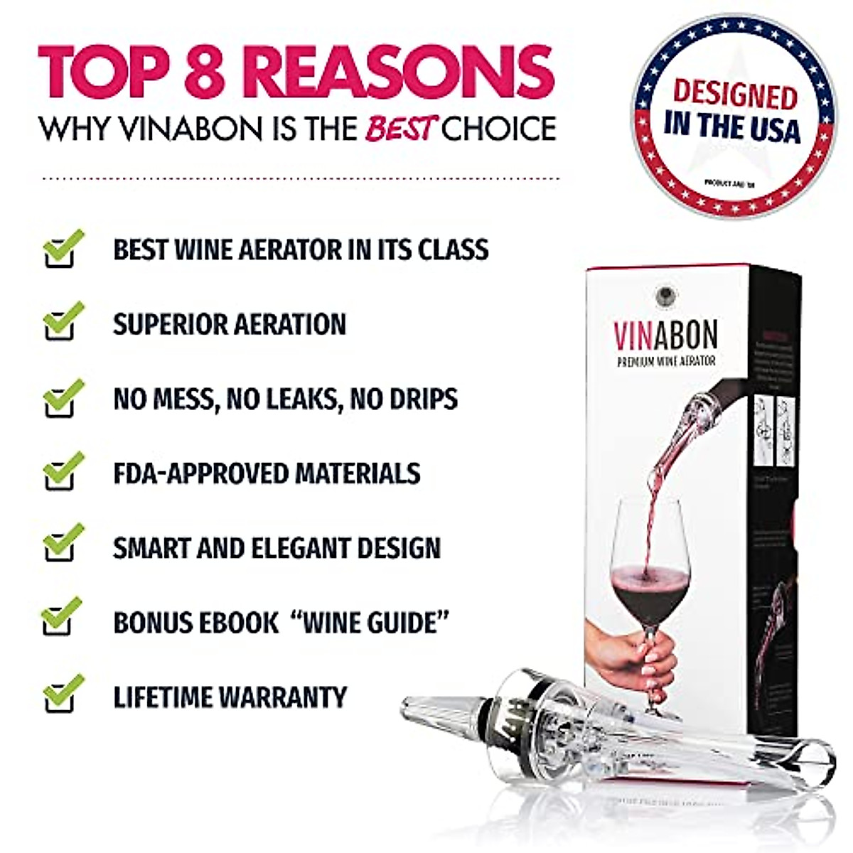 VINABON Wine Aerator Pourer Spout - Professional Quality 2-in-1 Attaches to Any Wine Bottle for Improved Flavor, Enhanced Bouquet, Rich Finish and Bubbles, No-Drip or Spill. Includes WineGuide Ebook