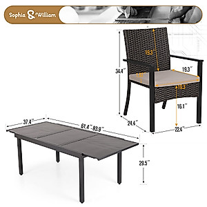 Sophia & William 9 Pieces Expandable Patio Dining Set for 8, Metal Patio Table and Rattan Wicker Chairs Set, All Weather Rectangular Outdoor Dining Table and Chairs for Backyard Garden Porch Deck