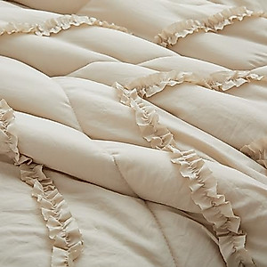 BEDAZZLED Twin Comforter Set - Beige Ruffle Comforter 3PCS Bed in a Bag, Textured Bed Comforter Chic Fluffy Bedding Set (1 Ruffle Pillowcase and 1 Solid Color Pillowcase)