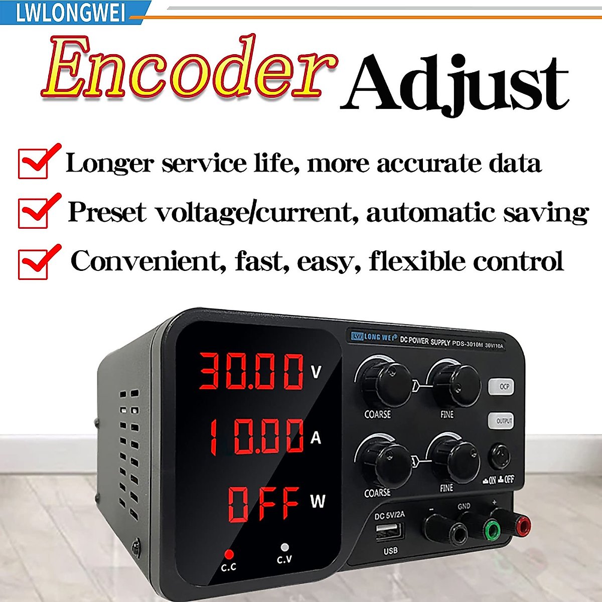 LWLONGWEI DC Power Supply Variable,30V 10A Adjustable Switching Regulated DC Bench Power Supply with 4-Digits LED Power Display 5V/2A USB Output, Coarse and Fine Adjustments Black