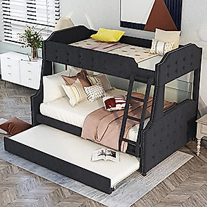 DEYOBED Twin Over Full Velvet Upholstered Bunk Bed with Trundle and Ladder, Tufted Button Design Wooden Bed Frame for Kids Teens Bedroom, Space Saving, Black