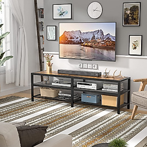 Unikito TV Stand for 75 80 inch TV, Two-color Industrial Entertainment Center TV Console, Long 70" TV Table with 3 Tiers Open Storage Shelves for Living Room Bedroom, Rustic Brown and Gray Oak