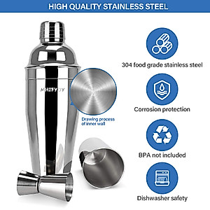 24-Piece Cocktail Shaker Set - MHIFYOY Bartender Kit - Stainless Steel Martini Mixer Bar Tools with Bamboo Stand, Ideal Gift Pack & Fine Mesh Strainer(Silver)