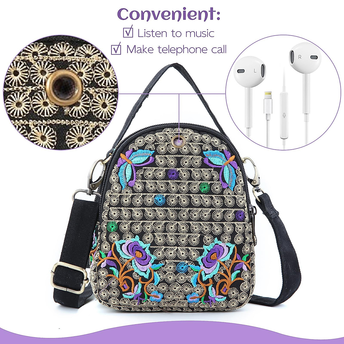 Embroidery Canvas Shoulder Bag Women Vintage Boho Mini Crossbody Bag Handbag Cell Phone Pouch (Purple)
