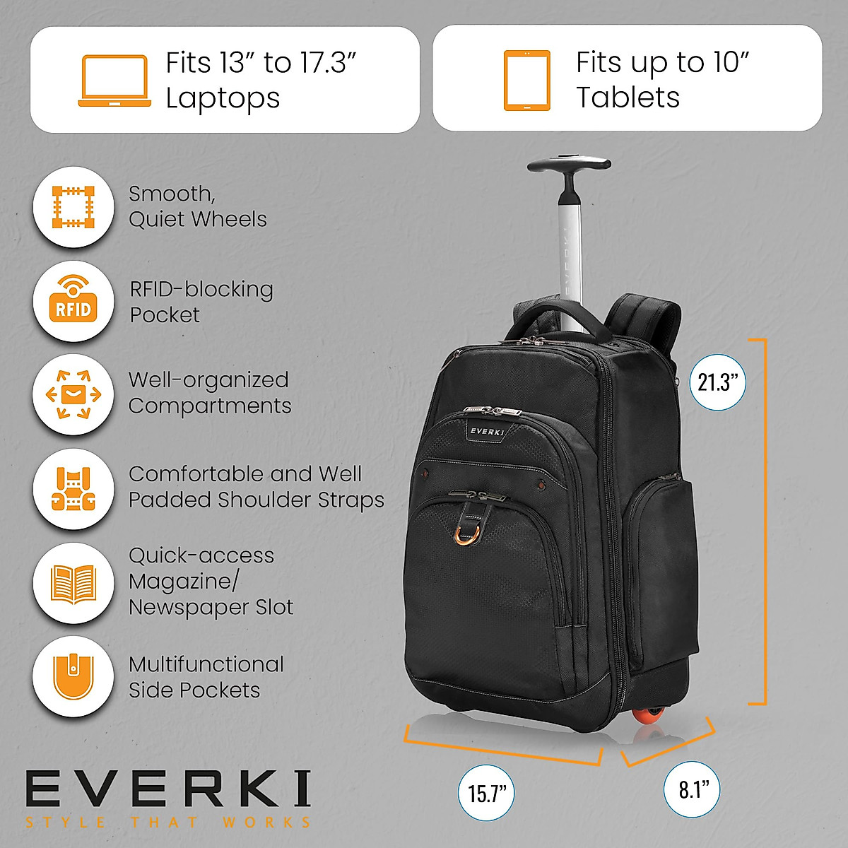 EVERKI (EKP122) Atlas Wheeled Laptop Backpack Adjustable Compartment, Business Professional,Black,13-Inch to 17.3-Inch