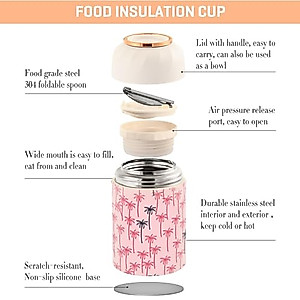 JUNZAN Palm Pink Black Kids Womens Insulated Food Jar Container with Spoon 17oz/500ml Keep Warm Food Containers Stainless Steel Vacuum Leakproof Thermo Flask for Keep Warm Food
