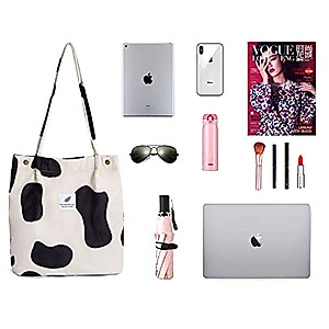 Wisexplorer Women Corduroy Tote Handbag with Inner Pockets, Fashion Washable and Ecofriendly, Perfect Grocery Bag for Shopping Travel School and So on(Cow white)