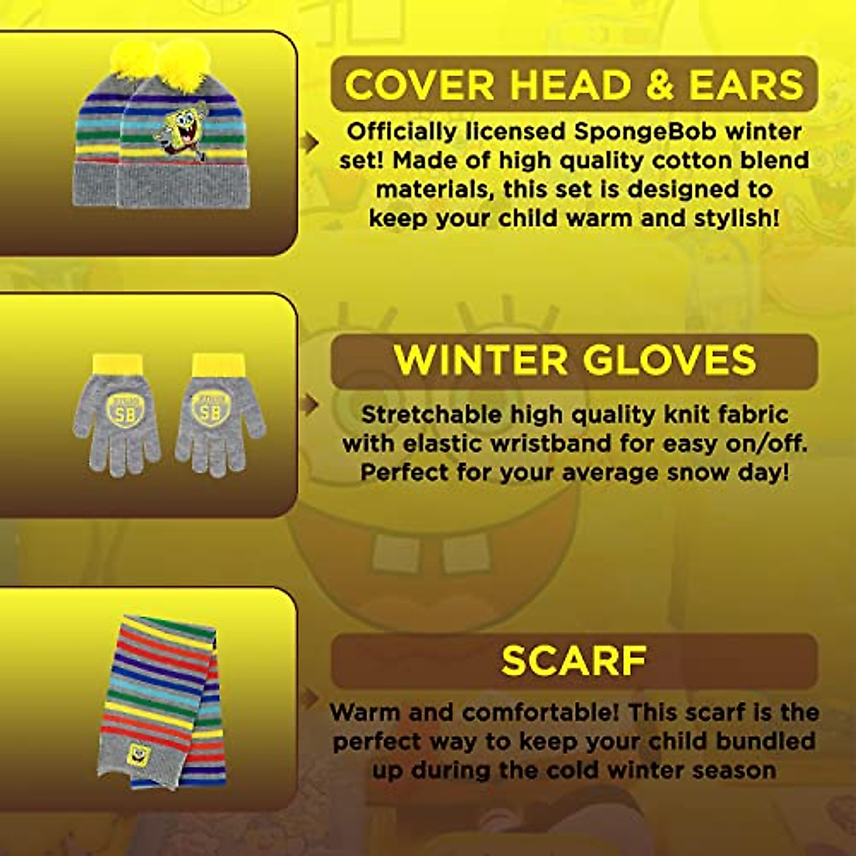 Spongebob Squarepants Winter Hat, Scarf, and Snow Gloves for Kids, 3 Pc. Set, Warm and Cute Pom-Pom Beanie Boys Girl Toddler