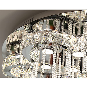 W32inches Modern Raindrop Crystal Chandeliers Flush Mount Ceiling Chandeliers for High Ceiling Entrance Foyer Bedroom Dining Room Living Room LED Dimming 2700k 4500k 6000k Contemporary Chandelier