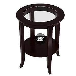 Frenchi Furniture-Wood Genoa End Table, Round Side /Accent Table , Inset Glass Espresso