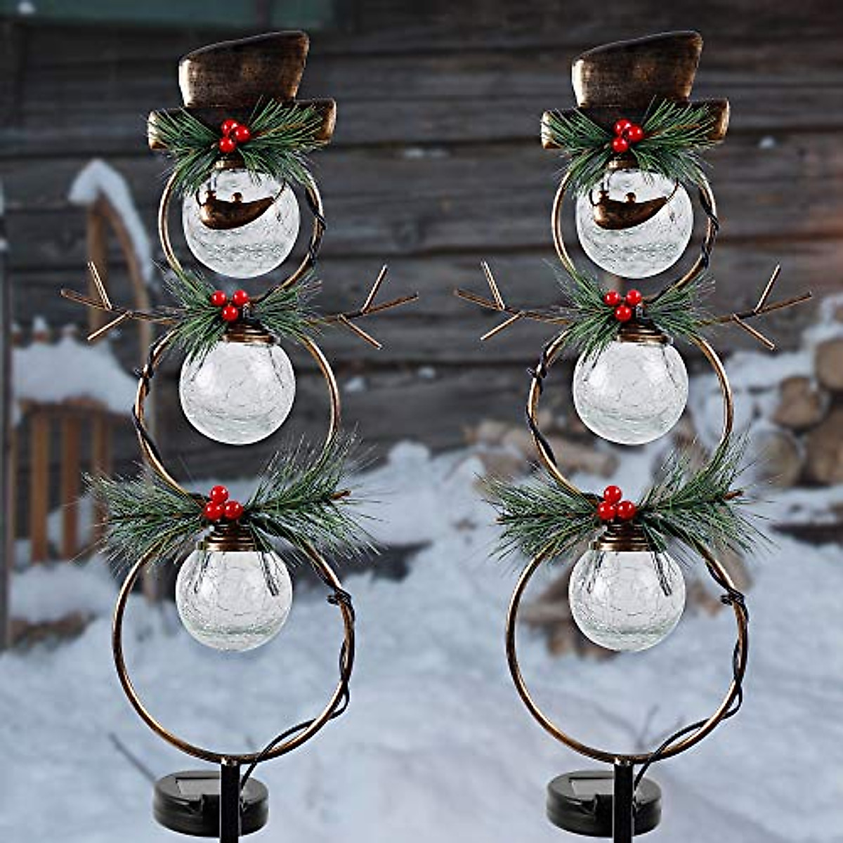 GUOOU Solar Christmas Yard Decorations, Outdoor LED Solar Powered Glass Ball Lights, Xmas Snowman Pathway Lights, Metal Solar Garden Stake Lights, Snowman Christmas Lawn Yard Ornament, Set of 2