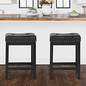PayLessHere Bar Stools Set of 2 of PU Leather Barstools for Kitchen Counter Solid Wooden Saddle Stool 24”H Height Bar Stool