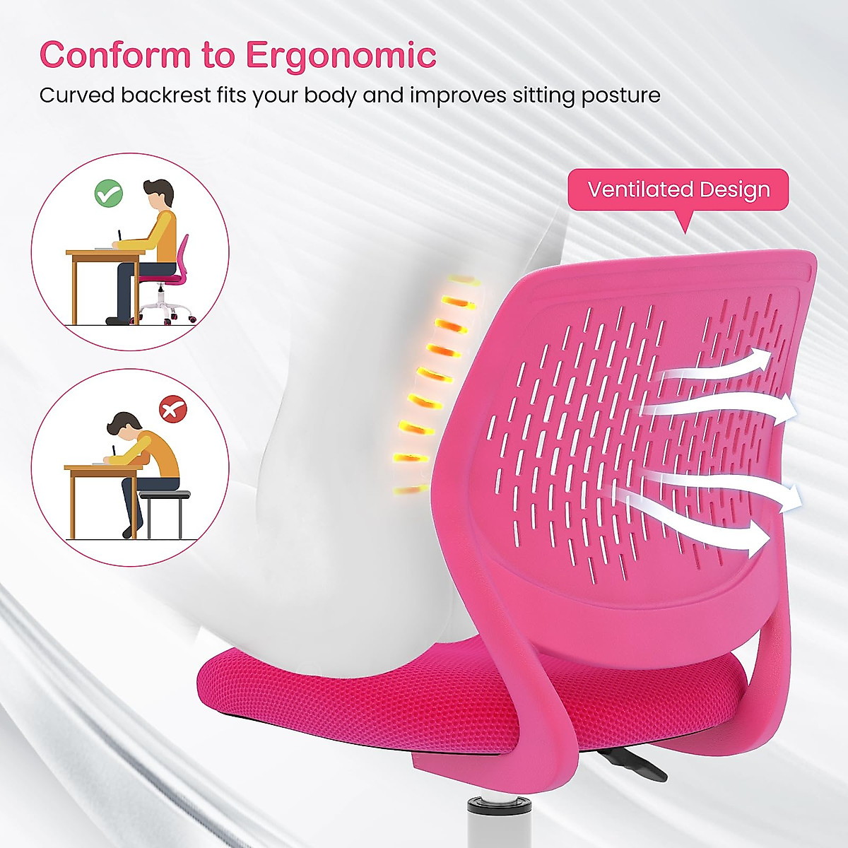 Giantex Kids Desk Chair, Adjustable Children Study Chair, Swivel Chair Armless Mesh Task Student Chair, Child Desk Chair with Adjustable Height & Lumbar Support Computer Chair (Rose)