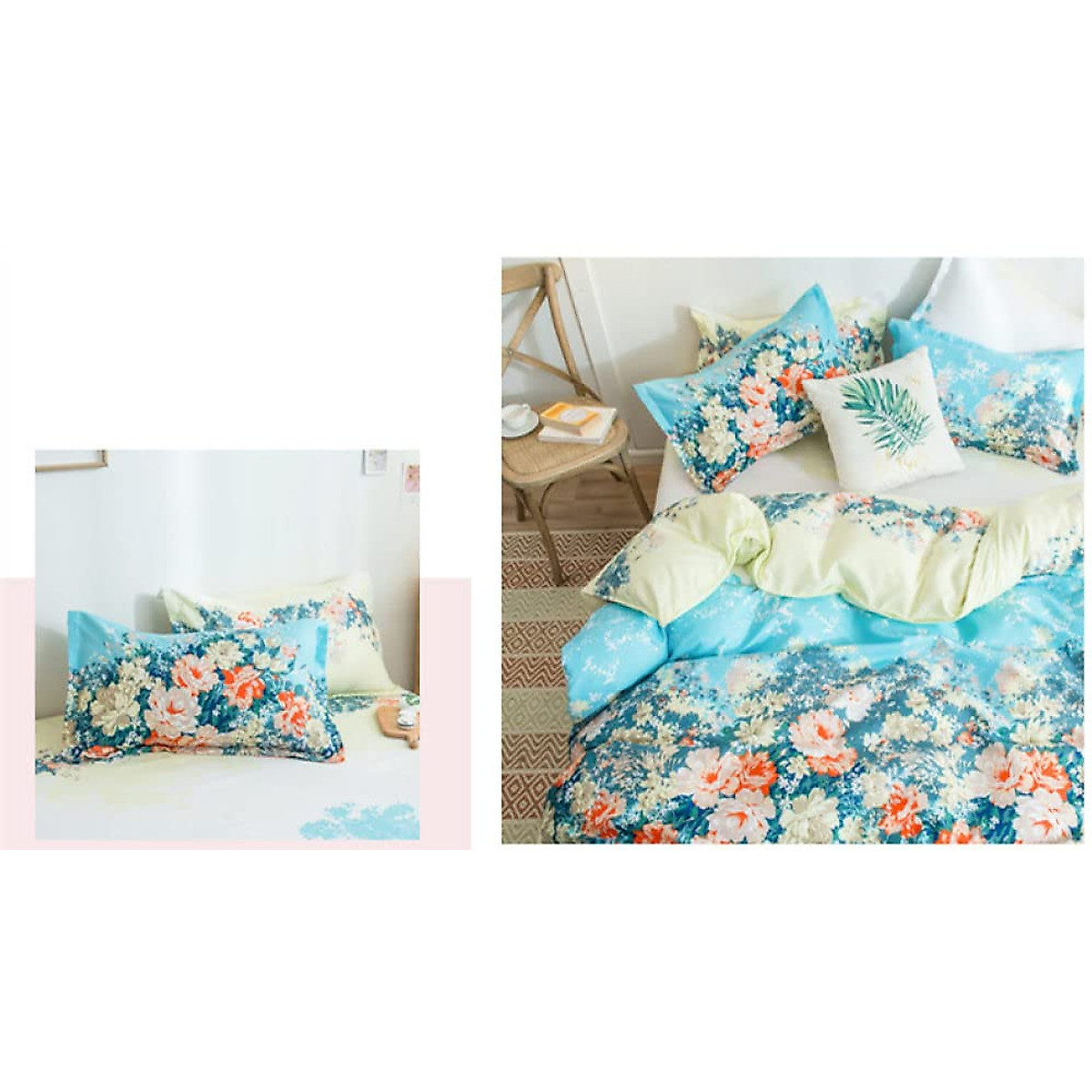 JFNISS 4 Piece Duvet Cover Set (1 All Season Design Duvet Cover + 2 Pillow Shams + 1 Flat Sheet) with Colorful Flowers, Comforter Cover with Zipper Closure,Queen