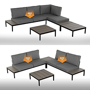 Grand patio Outdoor Sectional Sofa Set, Aluminum Frame Conversation Set with Cushion & Woodgrain Built-in Side Coffee Table, 4-Piece Modern Furniture Set for Poolside, Backyard, Deck