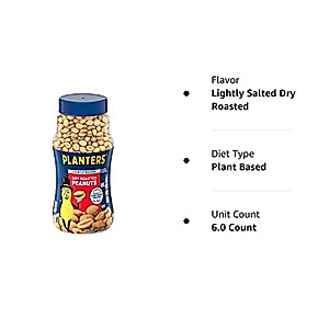 Planters Lightly Salted Dry Roasted Peanuts, 16.0 oz Jar (Pack of 6)