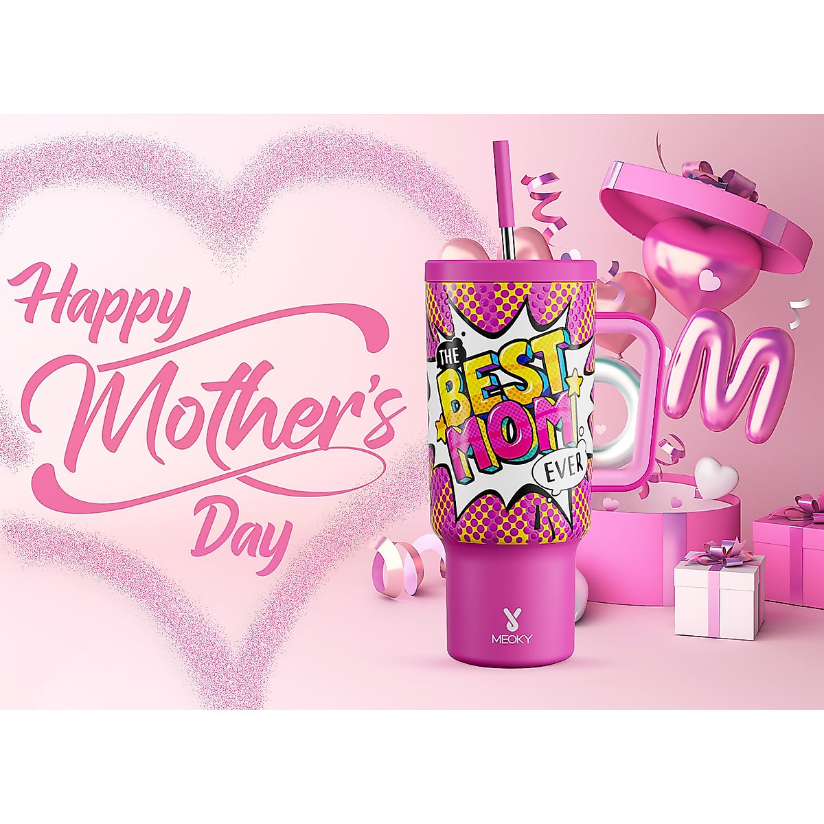 Meoky Mothers Day Gifts for Mom, 40 oz Tumbler with Handle and Straw, Tumbler with Lid and Straw, Insulated Stainless Steel Travel Mug, 100% Leak-proof, Keeps Cold for 34 Hours (Best Mom)