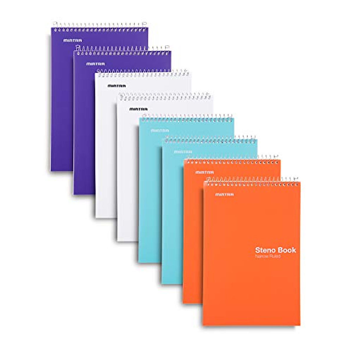 Mintra Office Steno Book - (BRIGHTS - Purp/Wht/Teal/Orange) - 6inx9in, 100 Sheets, 8 Pads/Pack, Narrow Ruled - Poly Cover, Notebook for writing notes in school, university, college, work, office